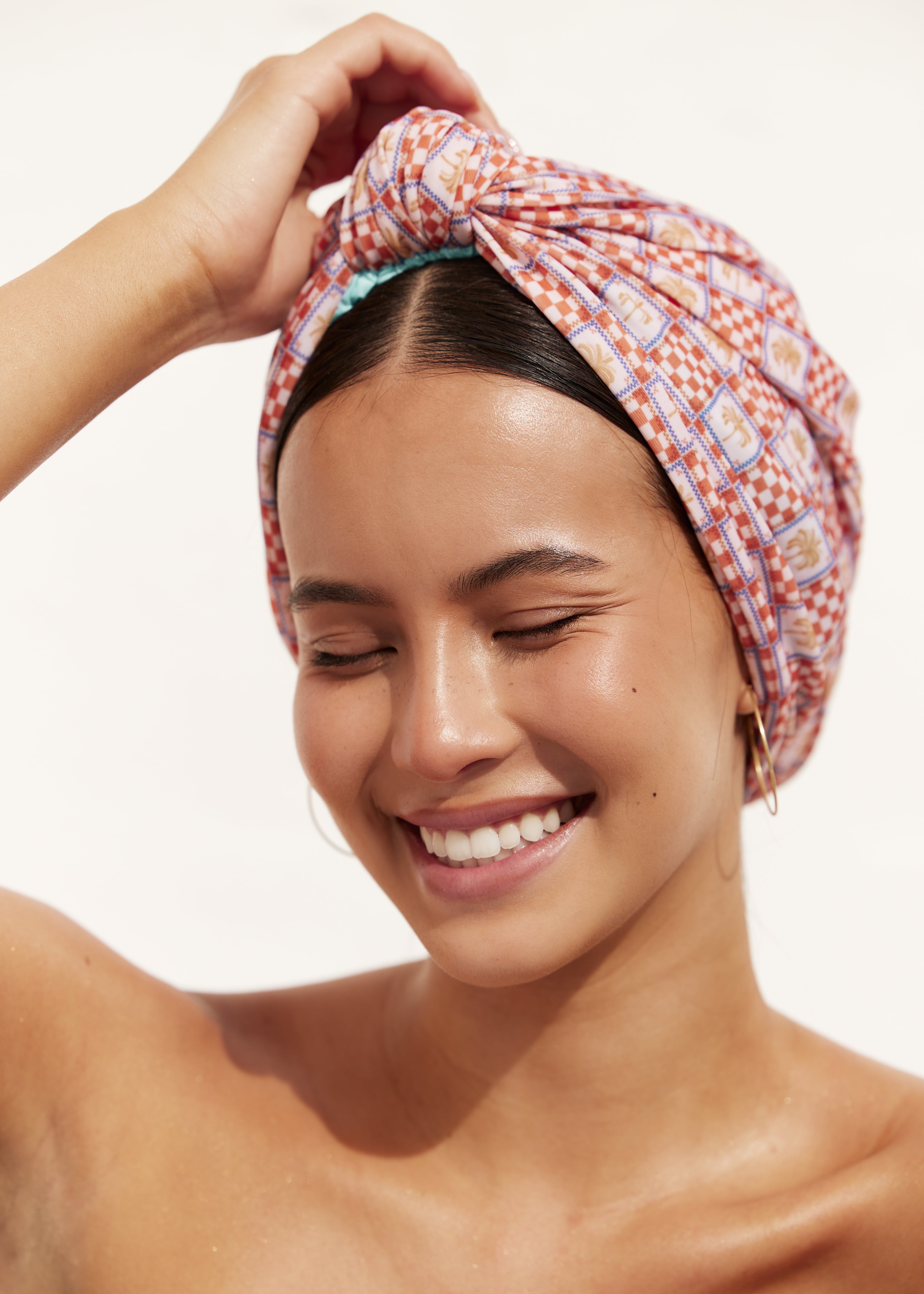 Dahlia shower cap in Orange Palm Check- Big Hair – Louvelle Australia