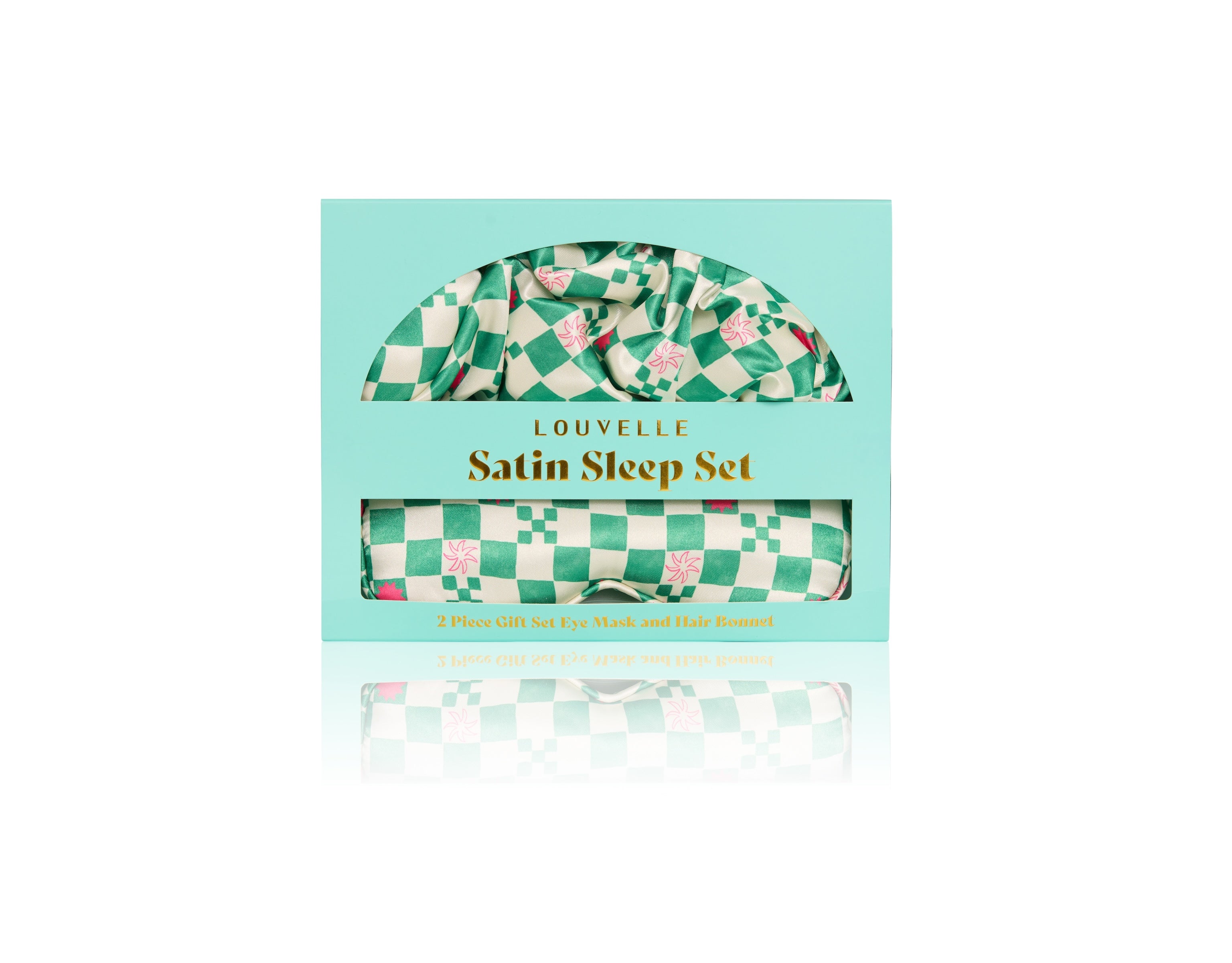 Satin Sleep Set Green Check [eye mask & bonnet] – Louvelle Australia